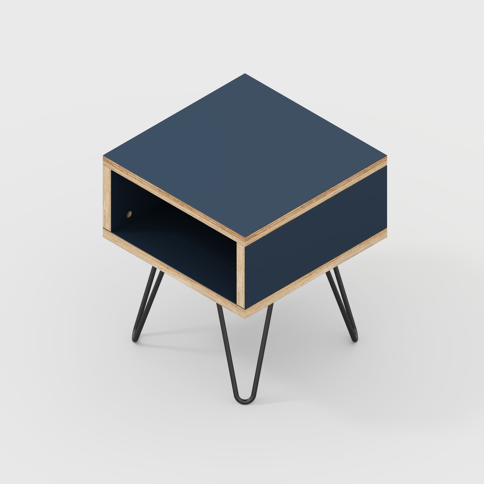 Plywood Bedside Table with Box Storage and Black Hairpin Legs - Formic