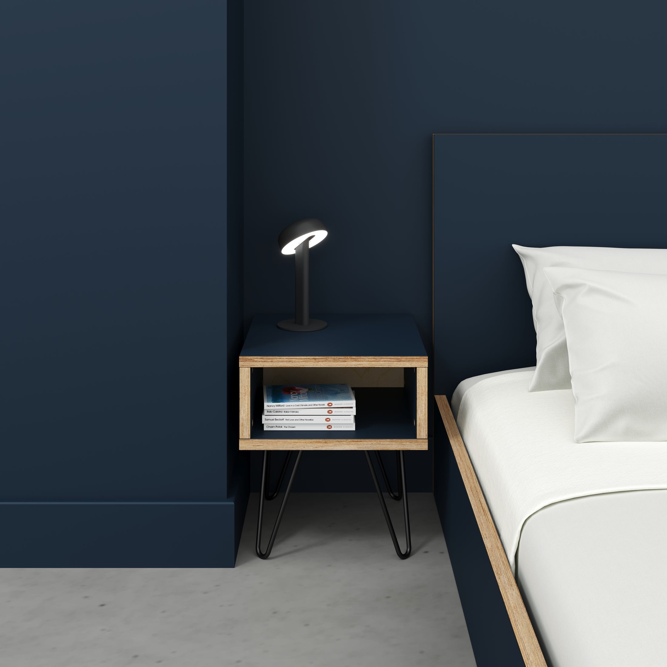 Plywood Bedside Table with Box Storage and Black Hairpin Legs - Formic