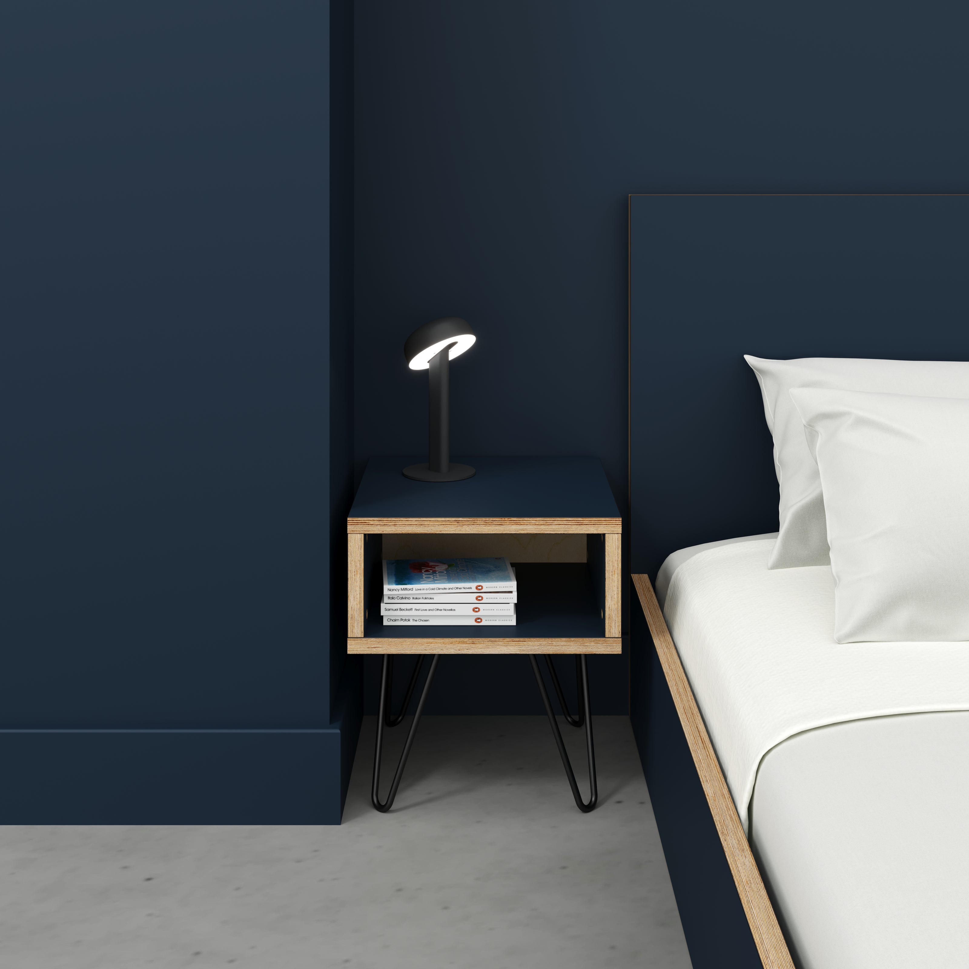 Plywood Bedside Table with Box Storage and Black Hairpin Legs - Formic