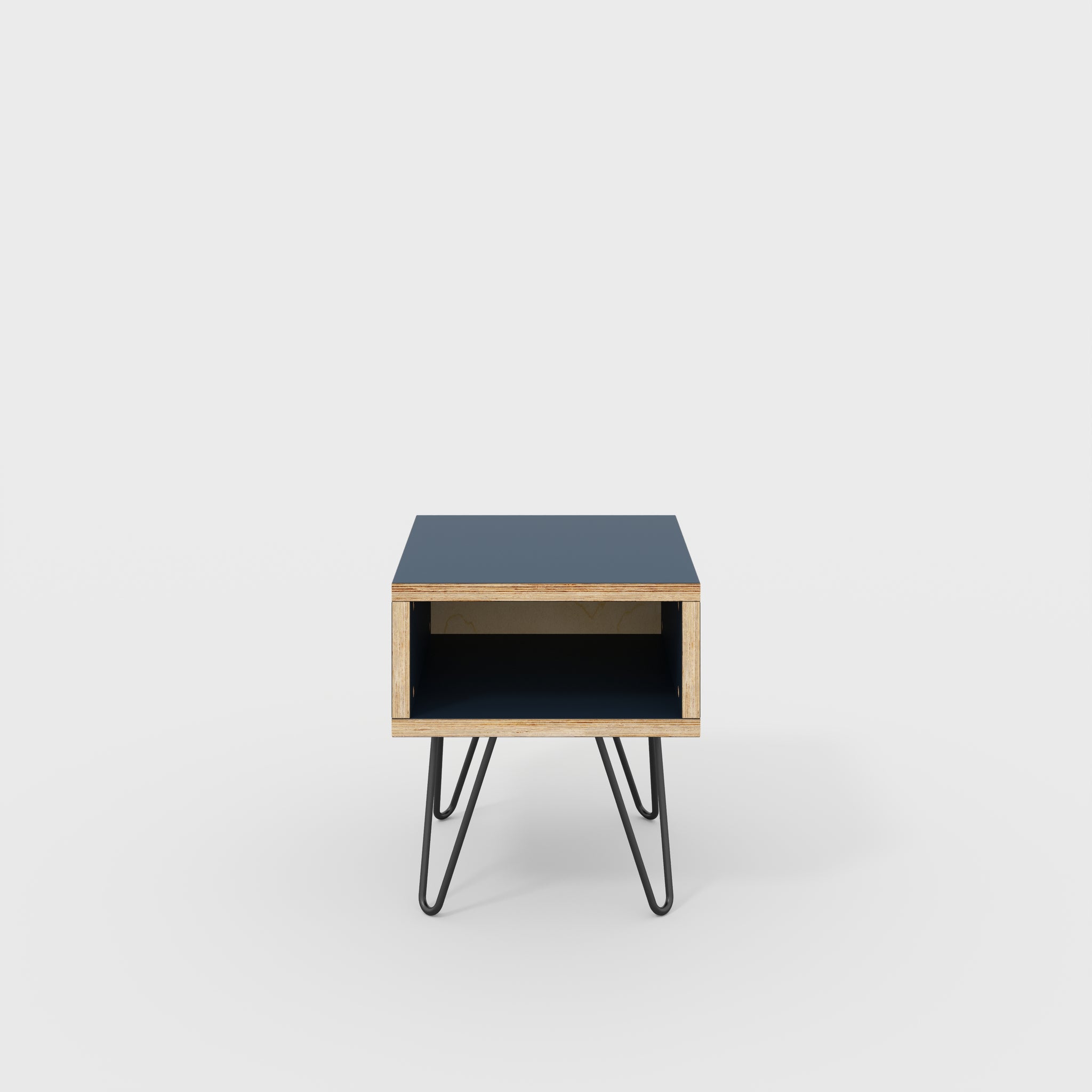 Plywood Bedside Table with Box Storage and Black Hairpin Legs - Formic