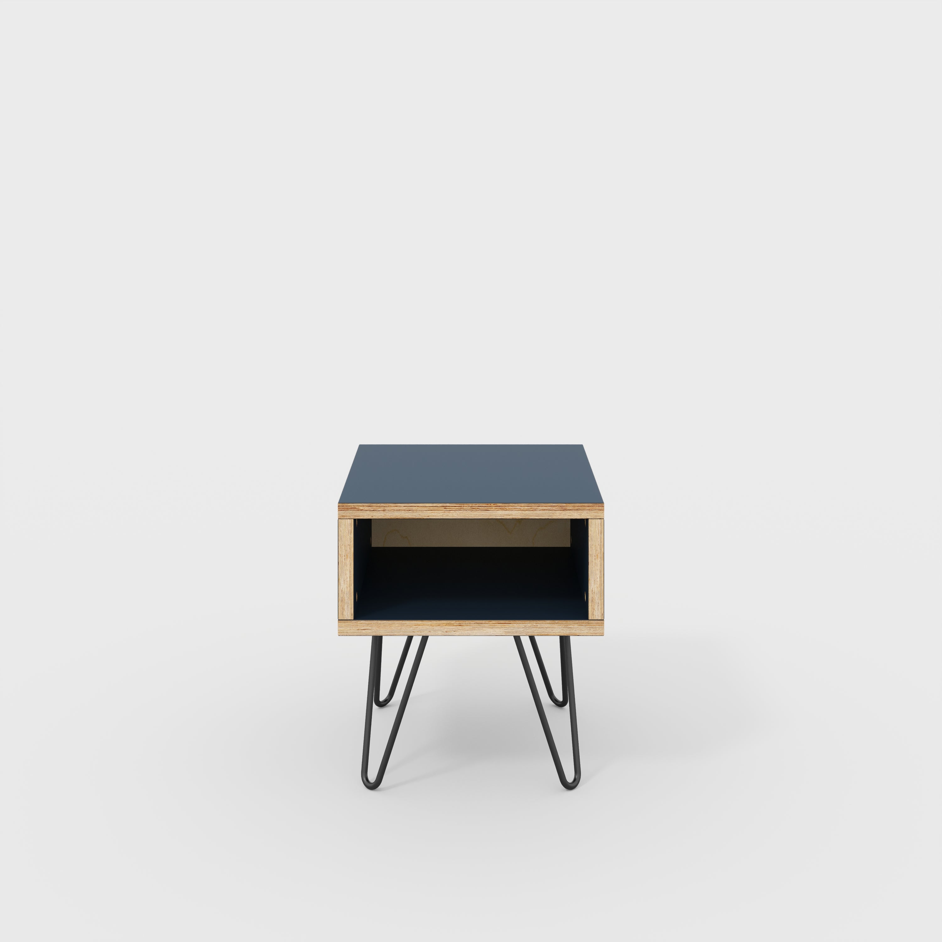 Plywood Bedside Table with Box Storage and Black Hairpin Legs - Formic