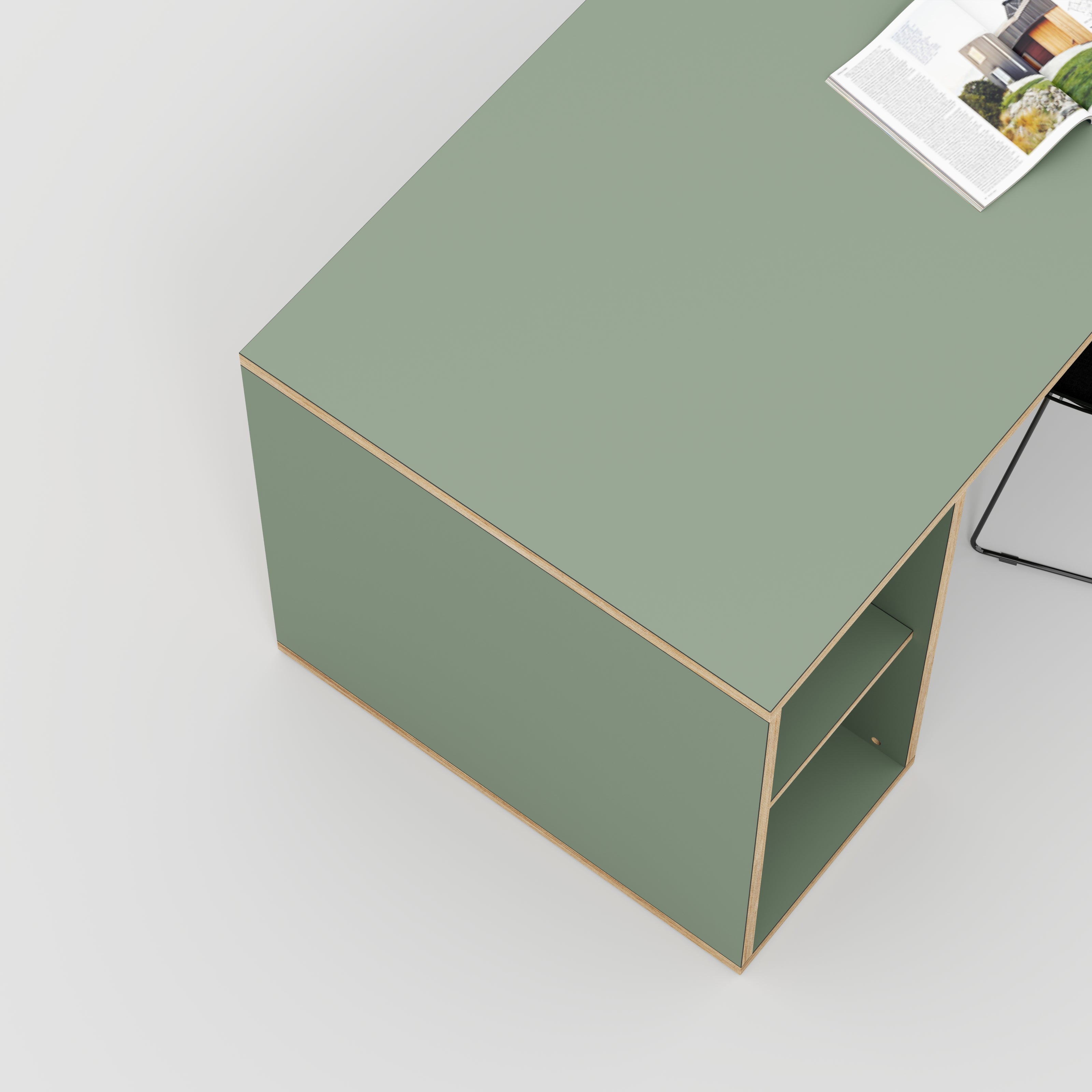 Plywood Desk with Storage Type 1 LH - Open Shelves - Formica Green Sla