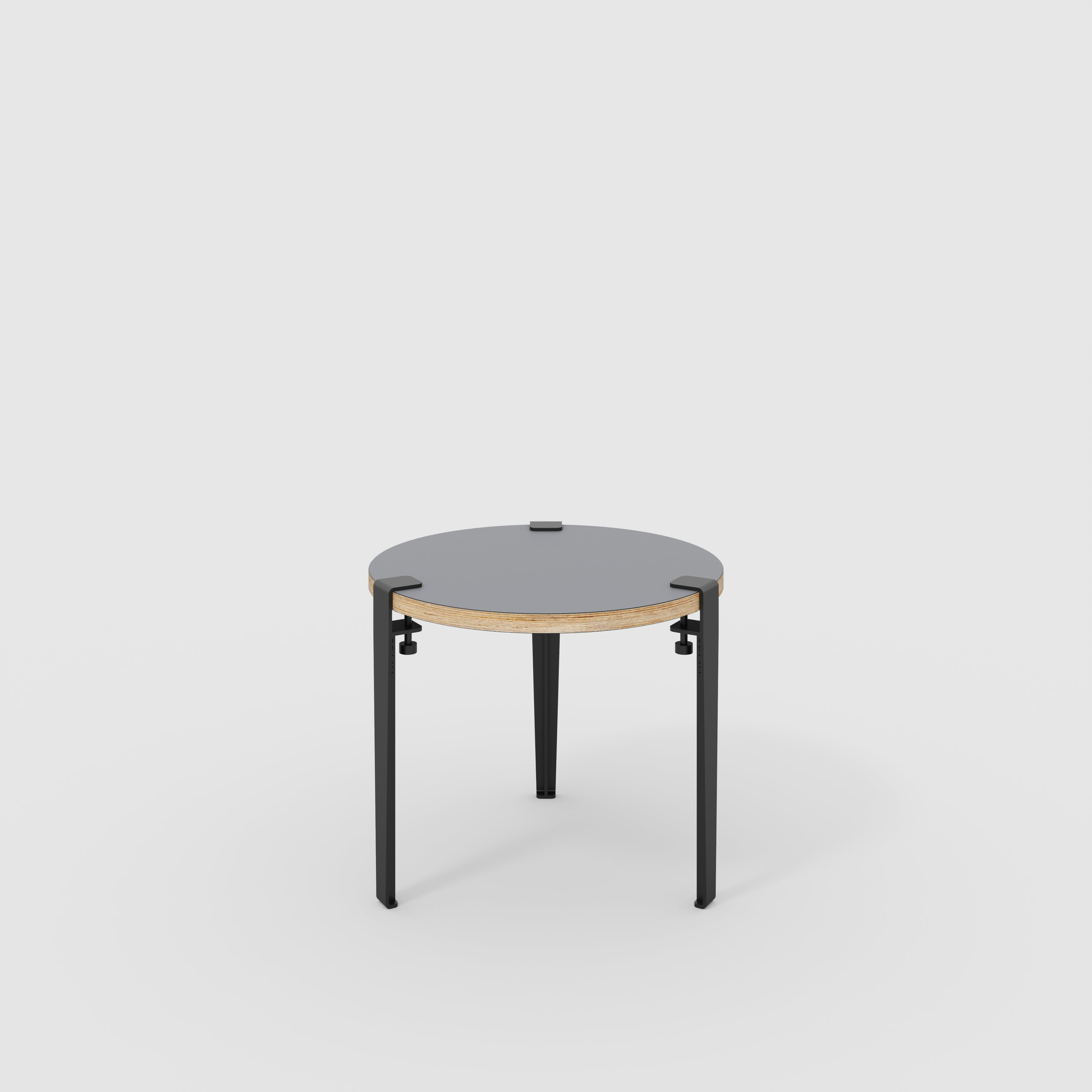 Plywood Round Side Table with Black Tiptoe Legs - Formica Tornado Grey