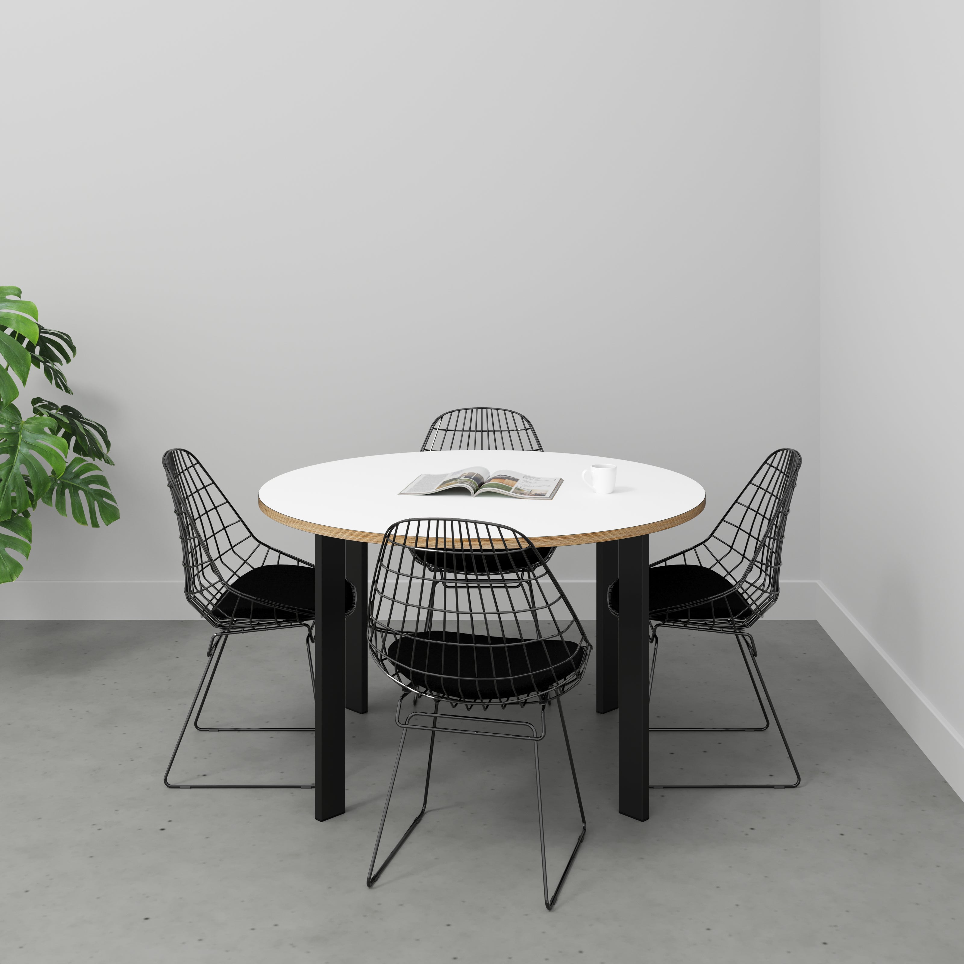 Plywood Round Table with Black Rectangular Single Pin Legs - Formica W