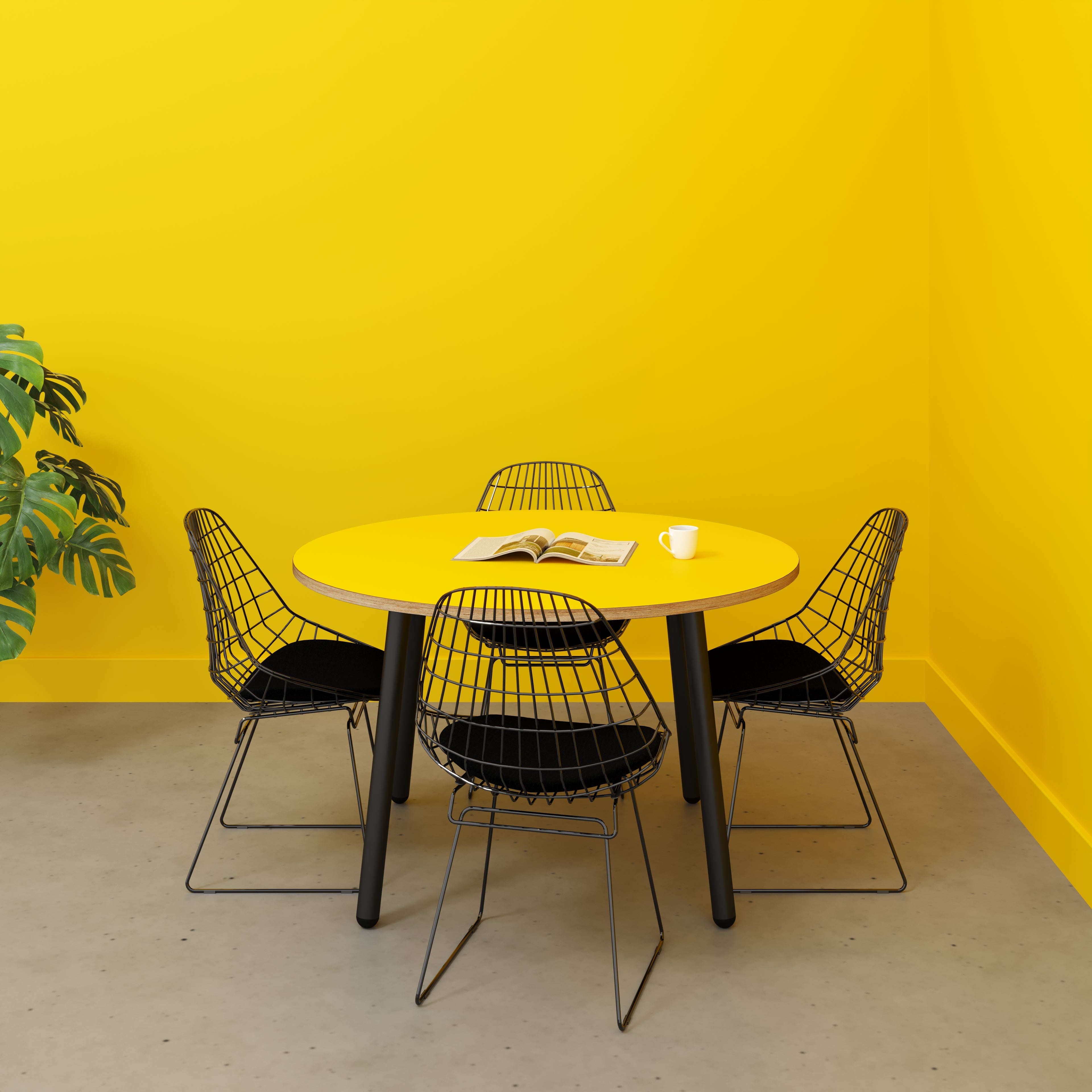 Round Table with Black Round Single Pin Legs - Formica Chrome Yellow ...