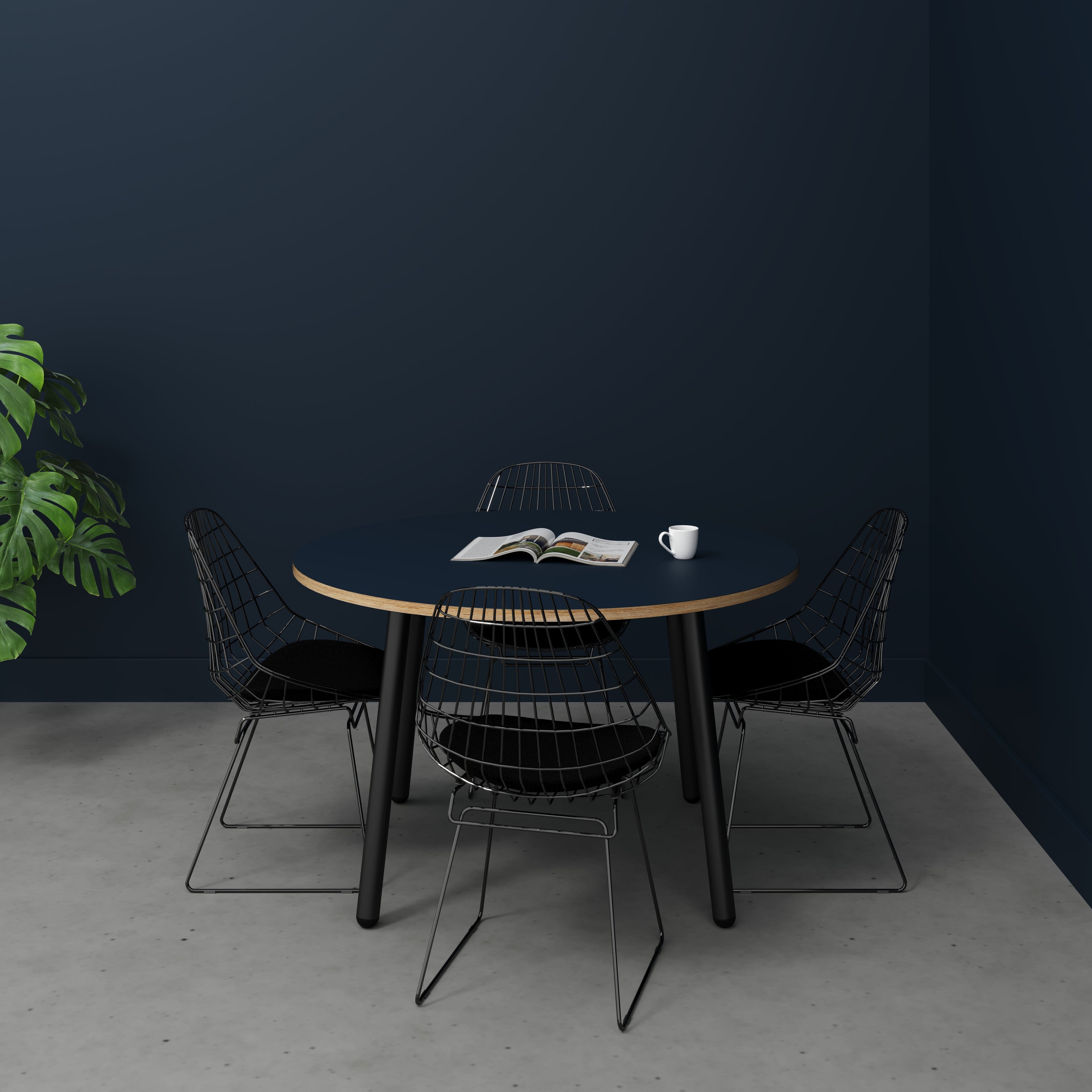 Plywood Round Table with Black Round Single Pin Legs - Formica Night S