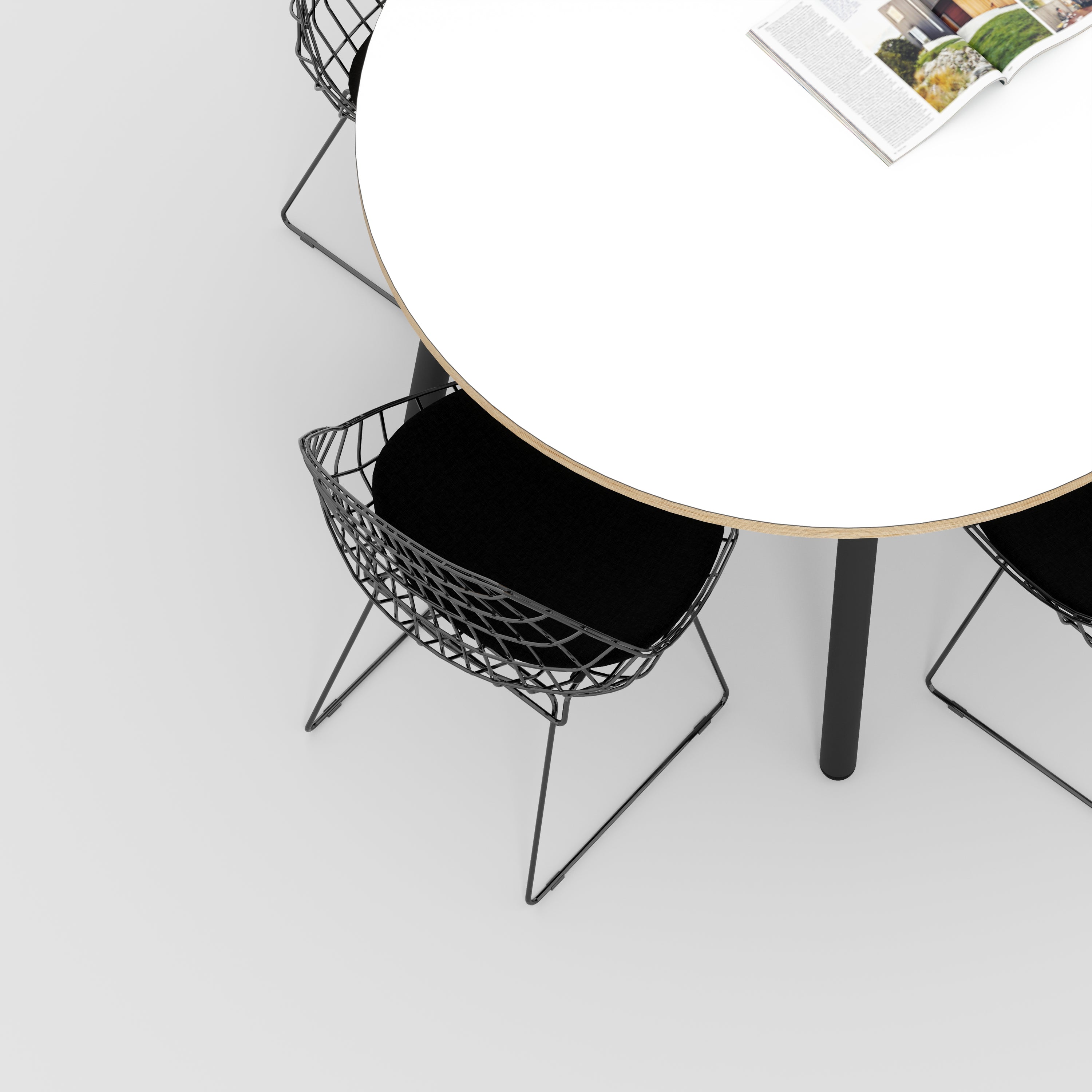Plywood Round Table with Black Round Single Pin Legs - Formica White