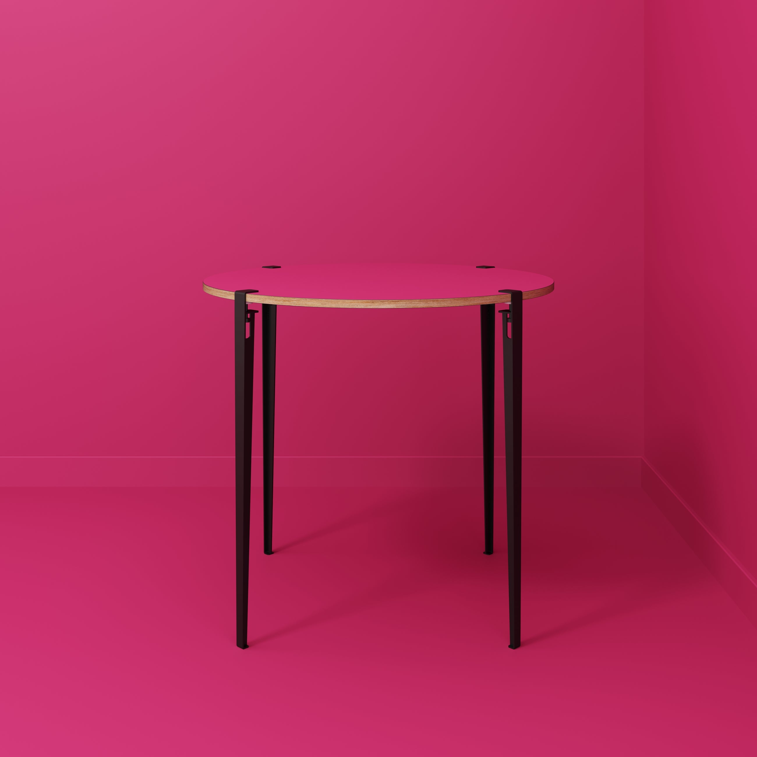 Plywood Round Table with Black Tiptoe Legs - Formica Juicy Pink - 1200