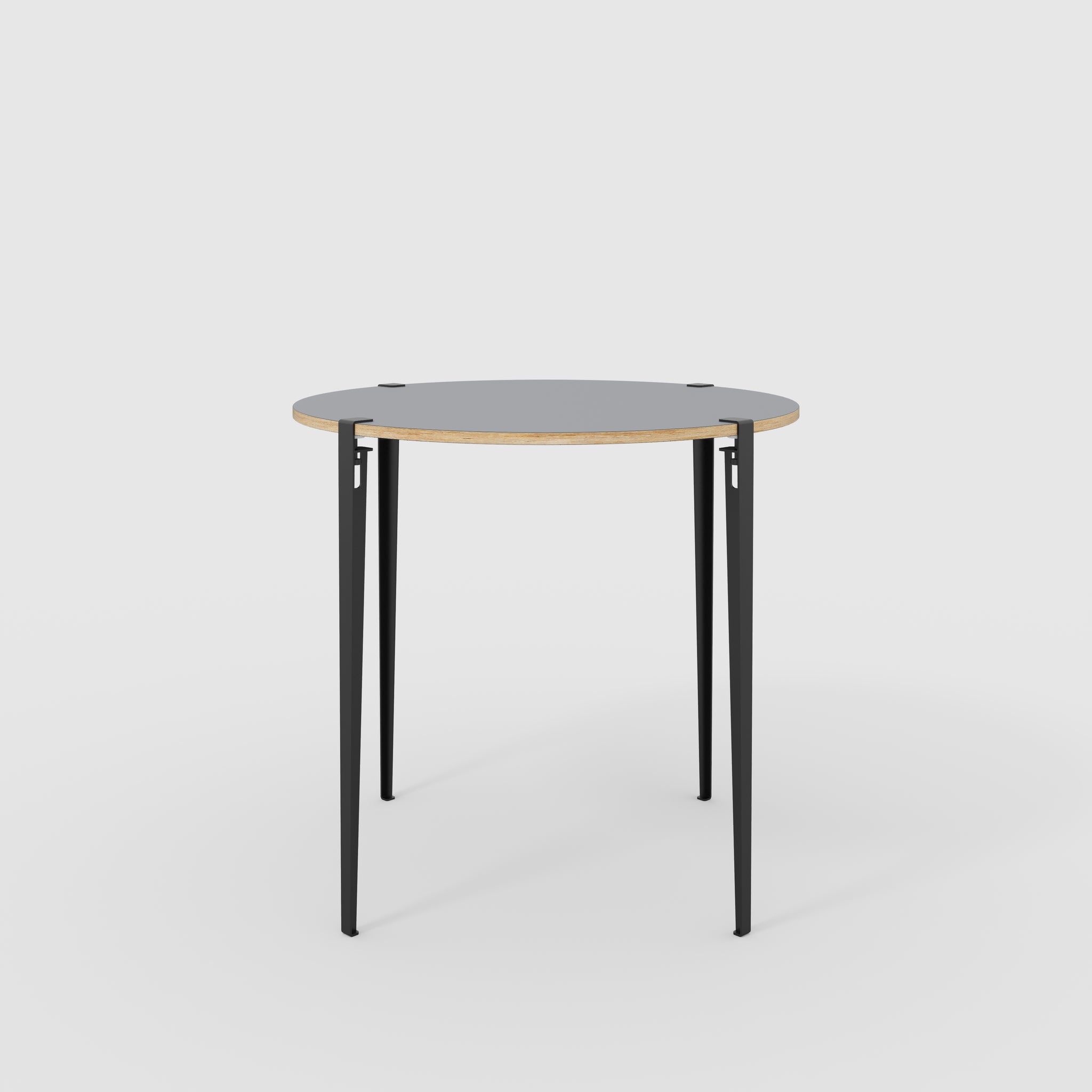 Plywood Round Table with Black Tiptoe Legs - Formica Tornado Grey - 12