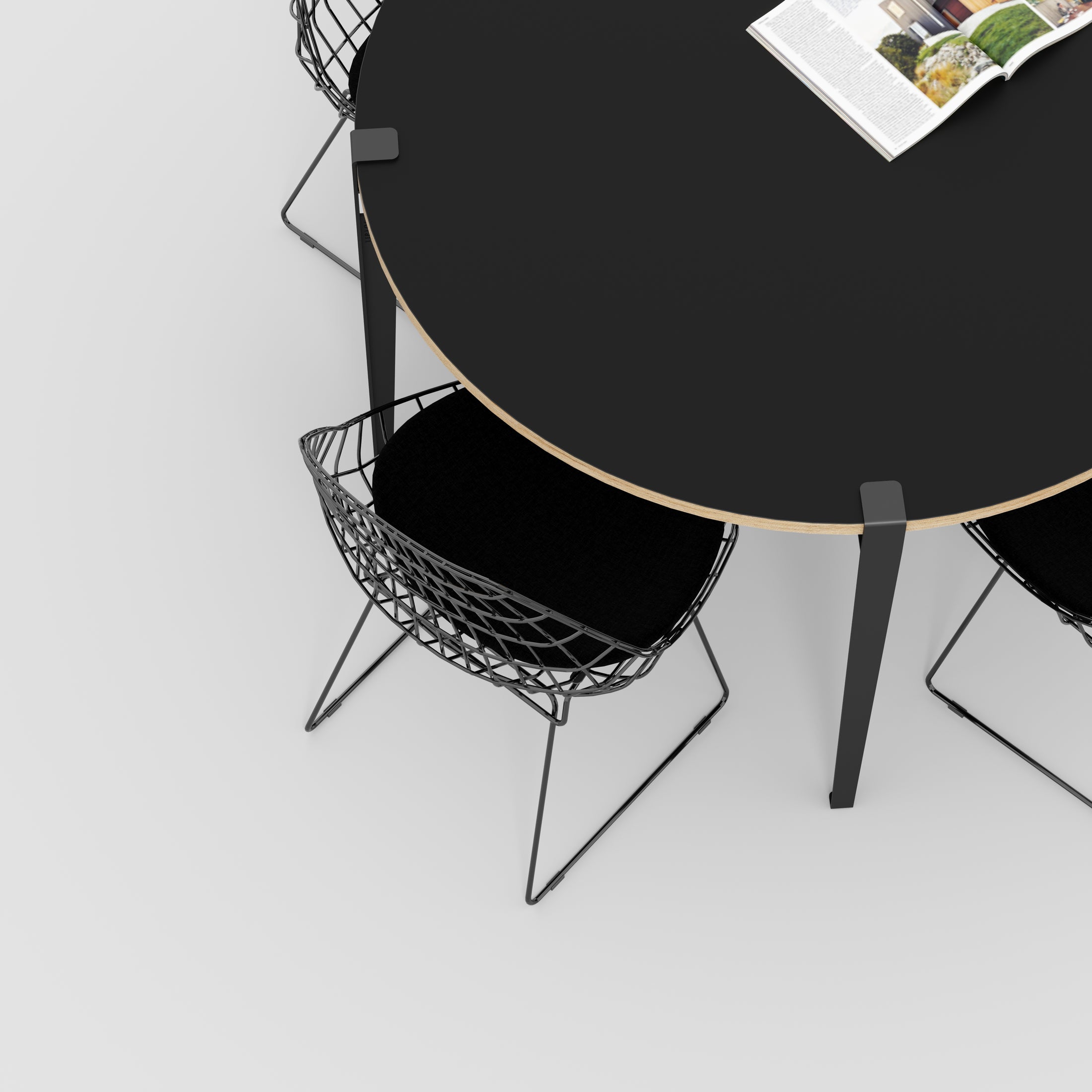 Plywood Round Table with Black Tiptoe Legs - Formica Diamond Black - 1