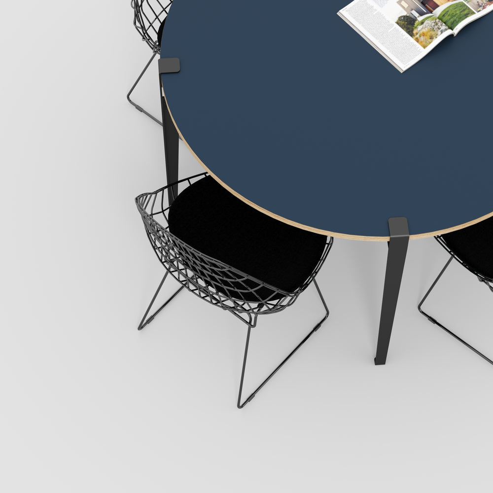 Plywood Round Table with Black Tiptoe Legs - Formica Night Sea Blue