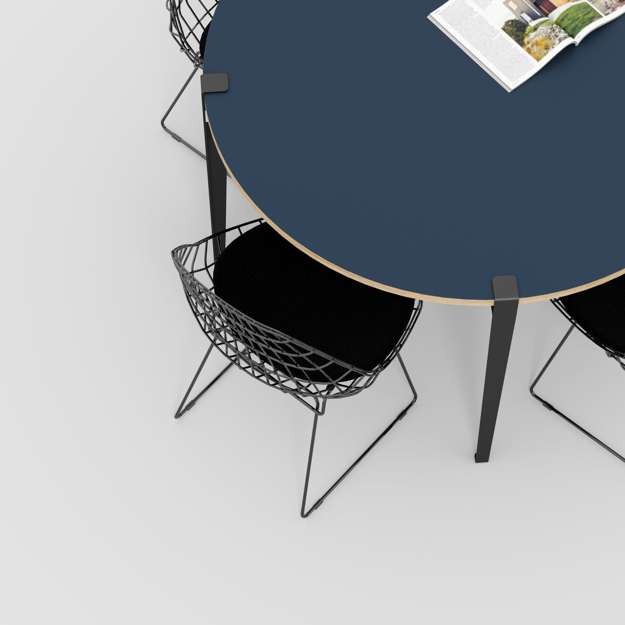 Plywood Round Table with Black Tiptoe Legs - Formica Night Sea Blue