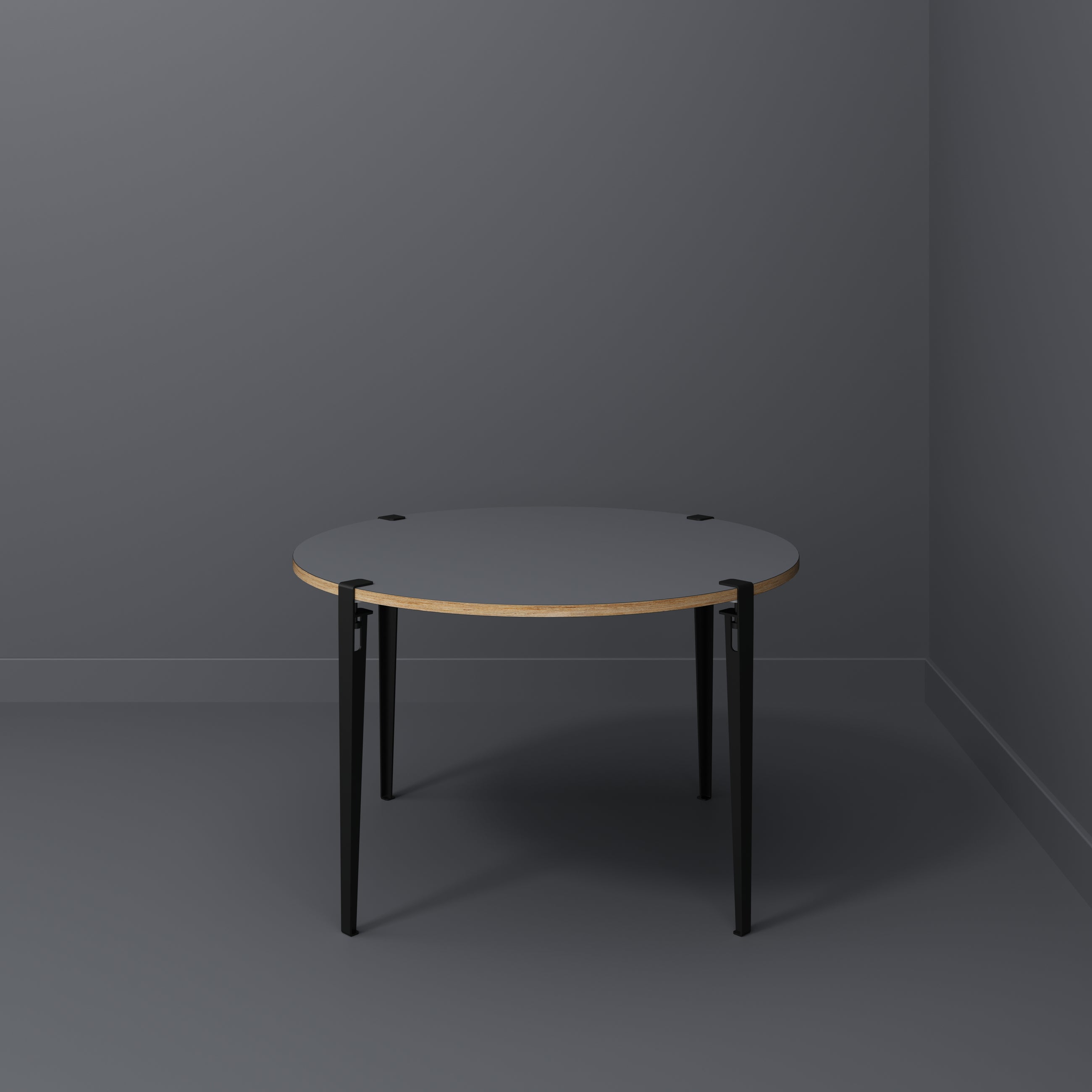 Plywood Round Table with Black Tiptoe Legs - Formica Tornado Grey - 12