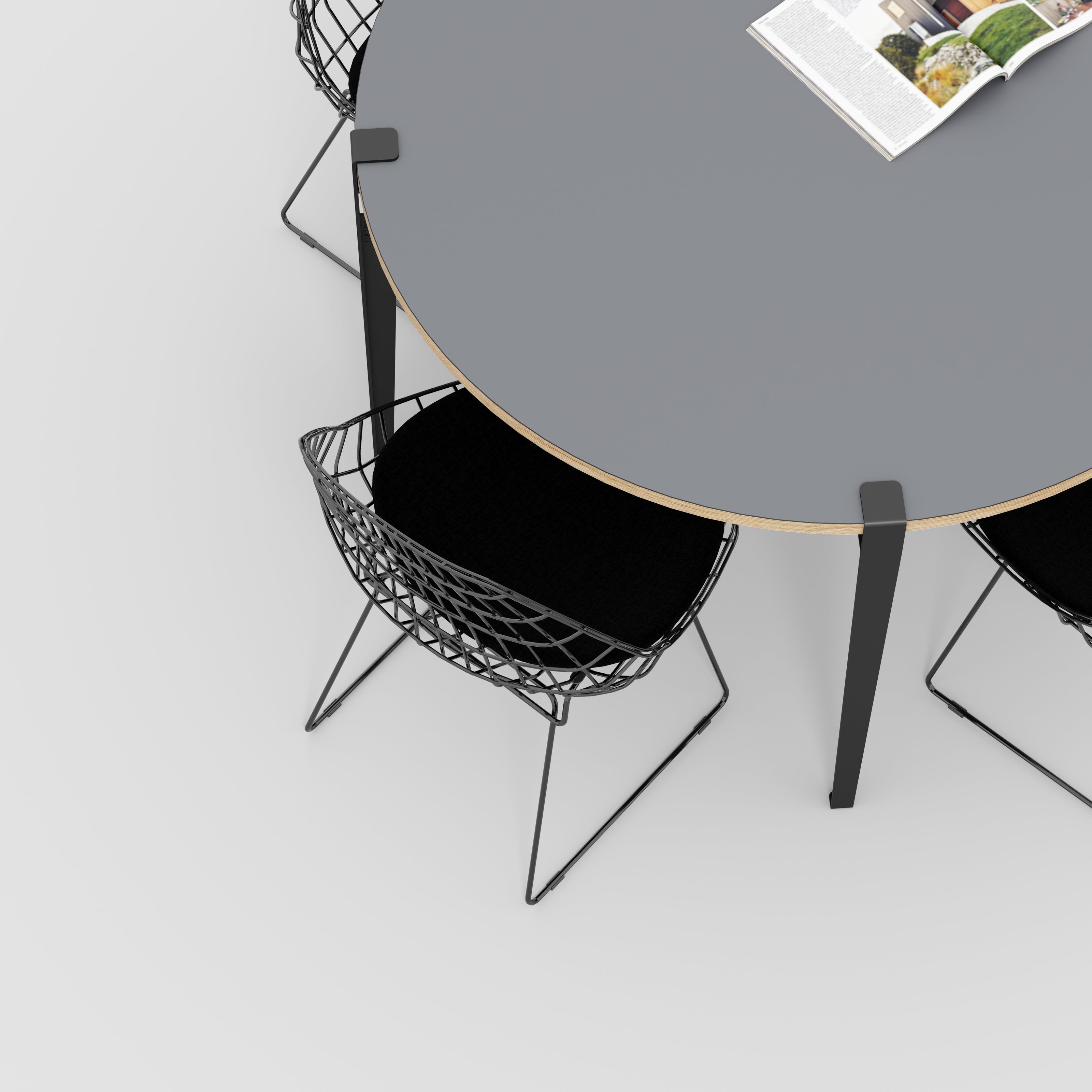 Plywood Round Table with Black Tiptoe Legs - Formica Tornado Grey - 12