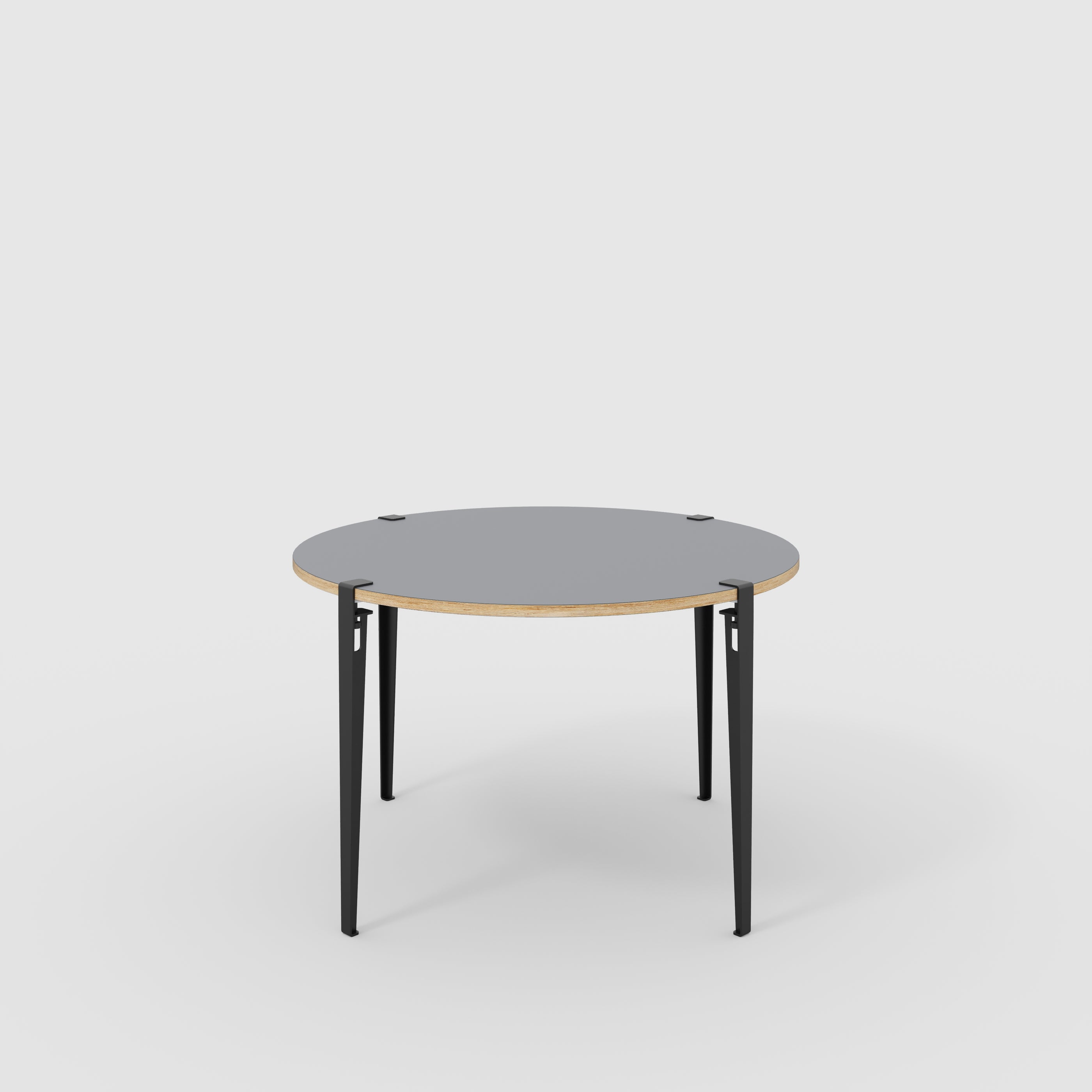 Plywood Round Table with Black Tiptoe Legs - Formica Tornado Grey - 12