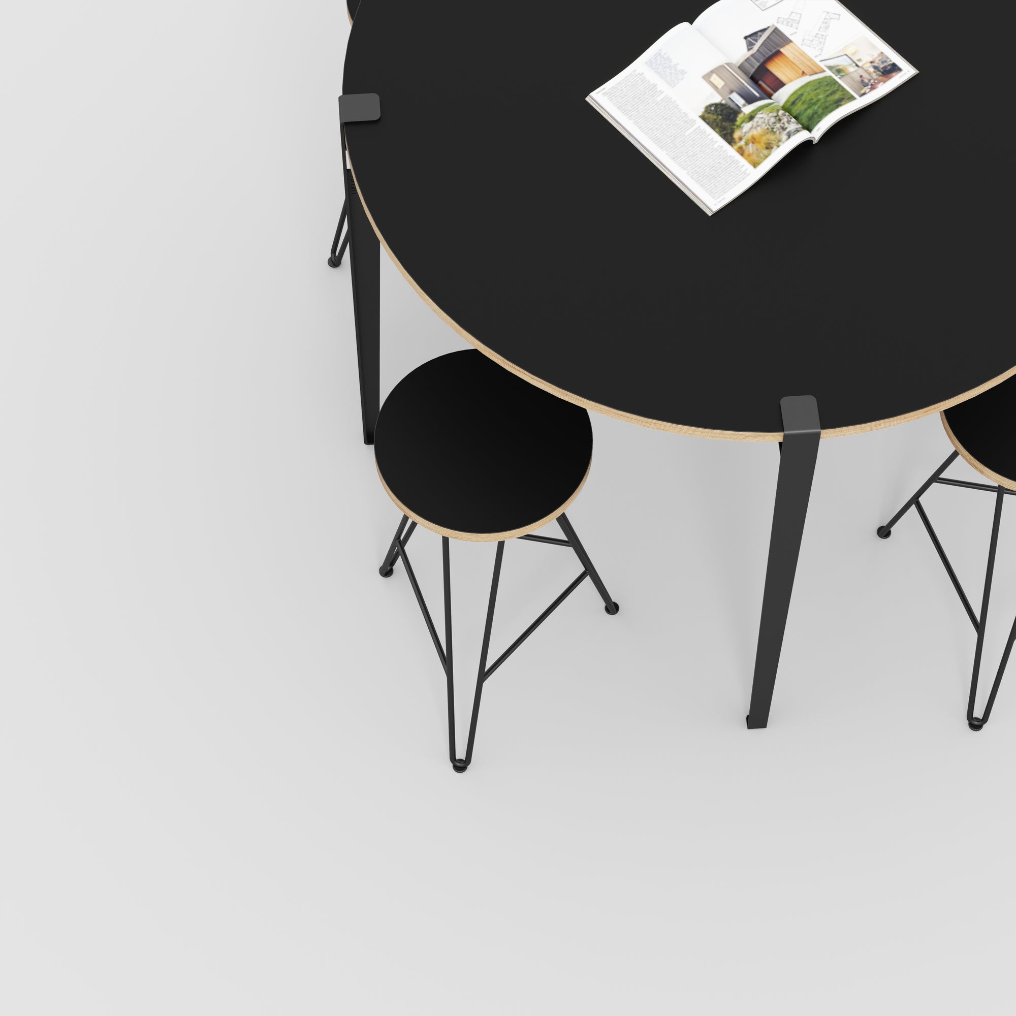 Plywood Round Table with Black Tiptoe Legs - Formica Diamond Black - 1