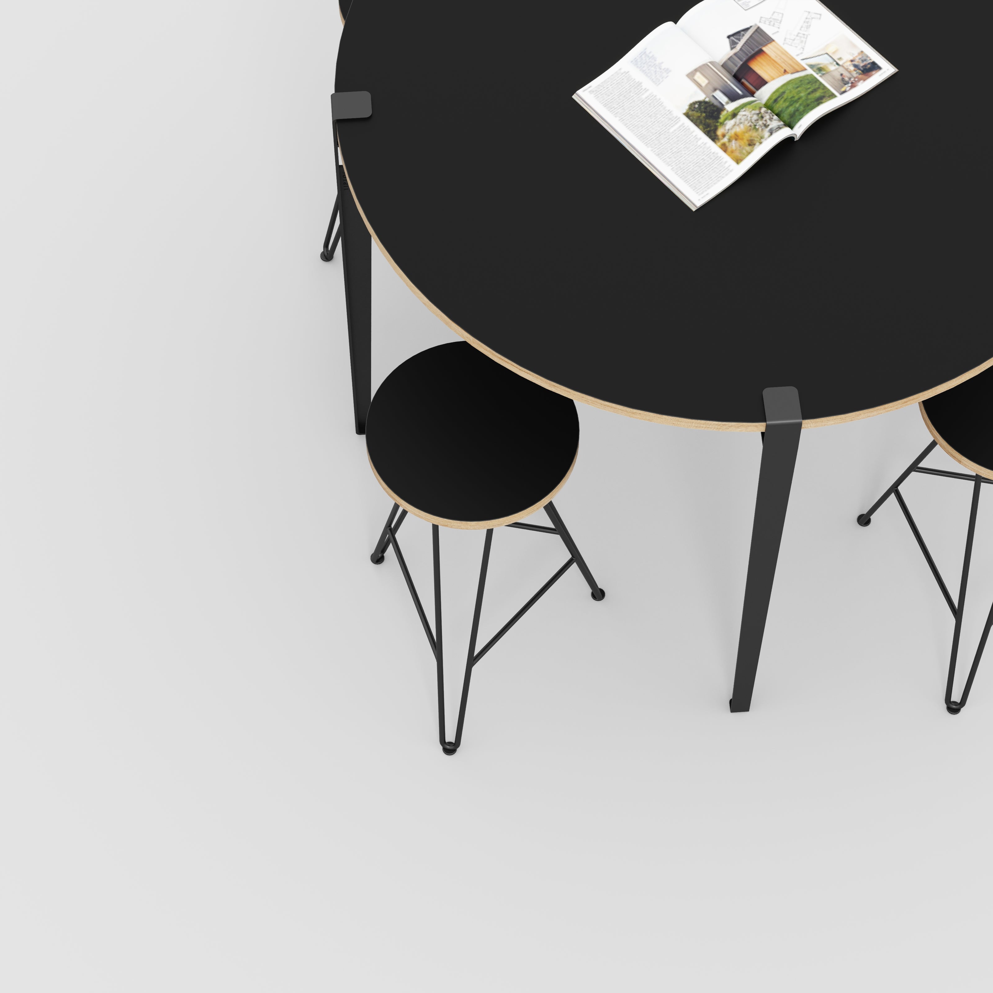 Plywood Round Table with Black Tiptoe Legs - Formica Diamond Black - 1
