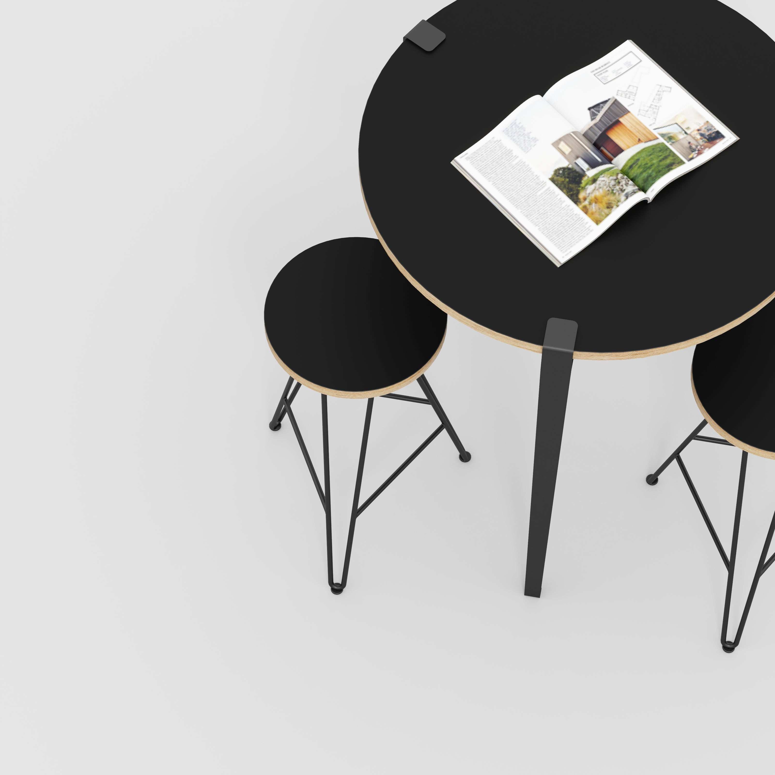 Plywood Round Table with Black Tiptoe Legs - Formica Diamond Black - 8