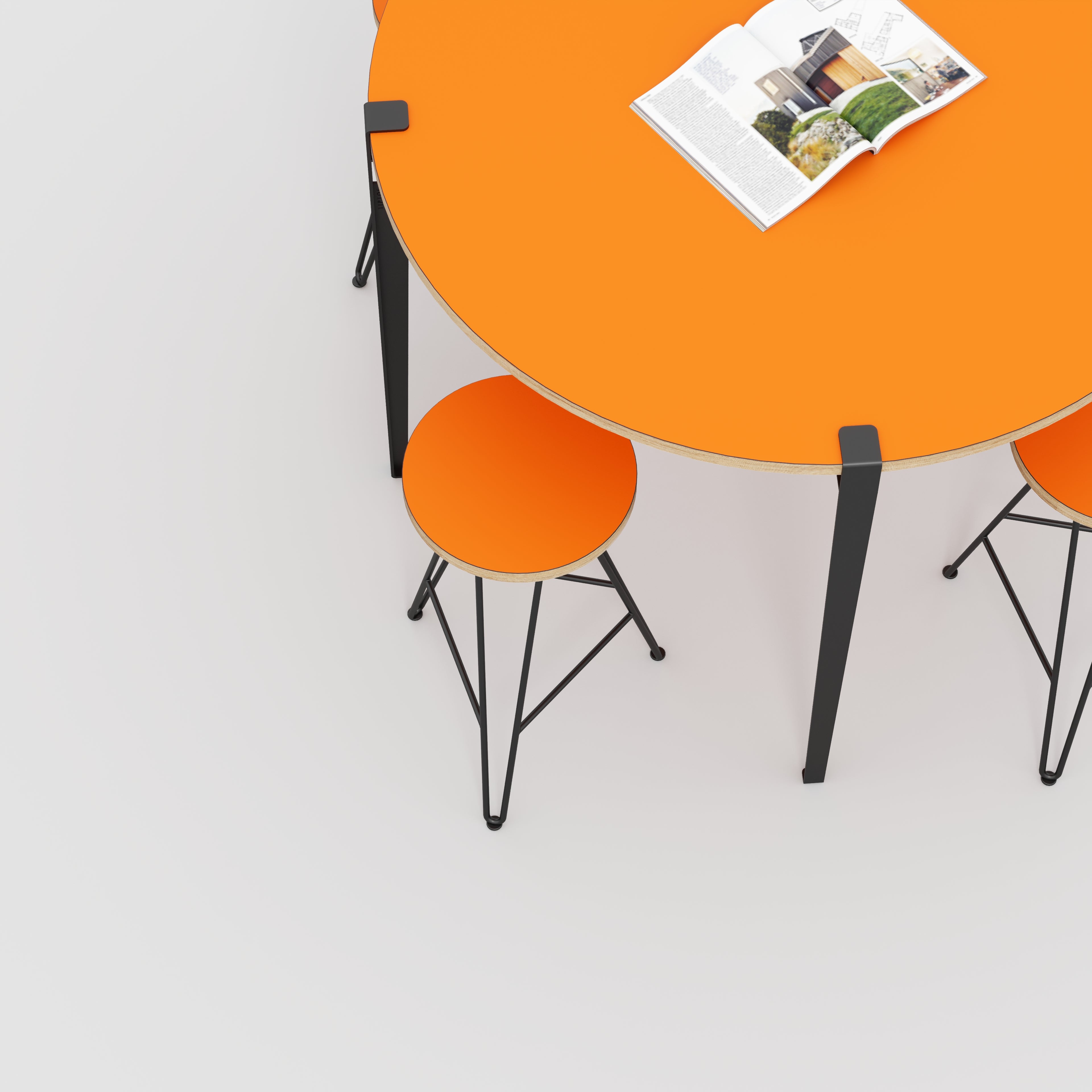 Round Table with Black Tiptoe Legs - Formica Levante Orange - 1200(dia ...