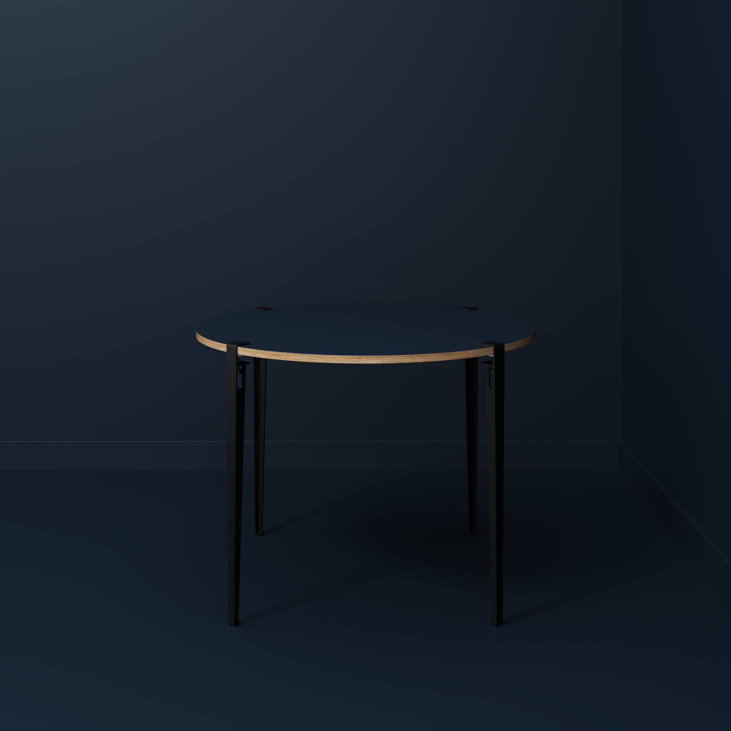 Plywood Round Table with Black Tiptoe Legs - Formica Night Sea Blue