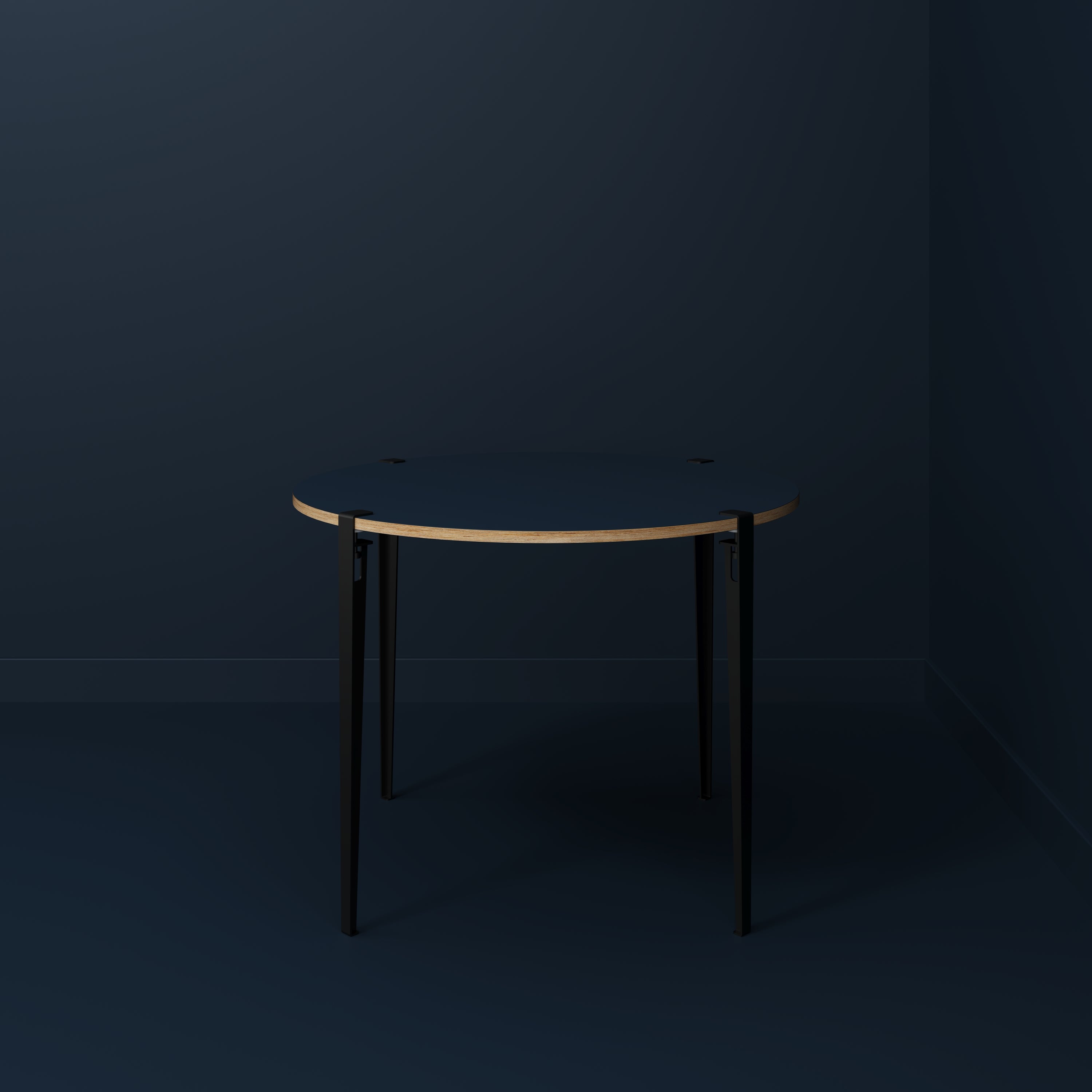 Plywood Round Table with Black Tiptoe Legs - Formica Night Sea Blue