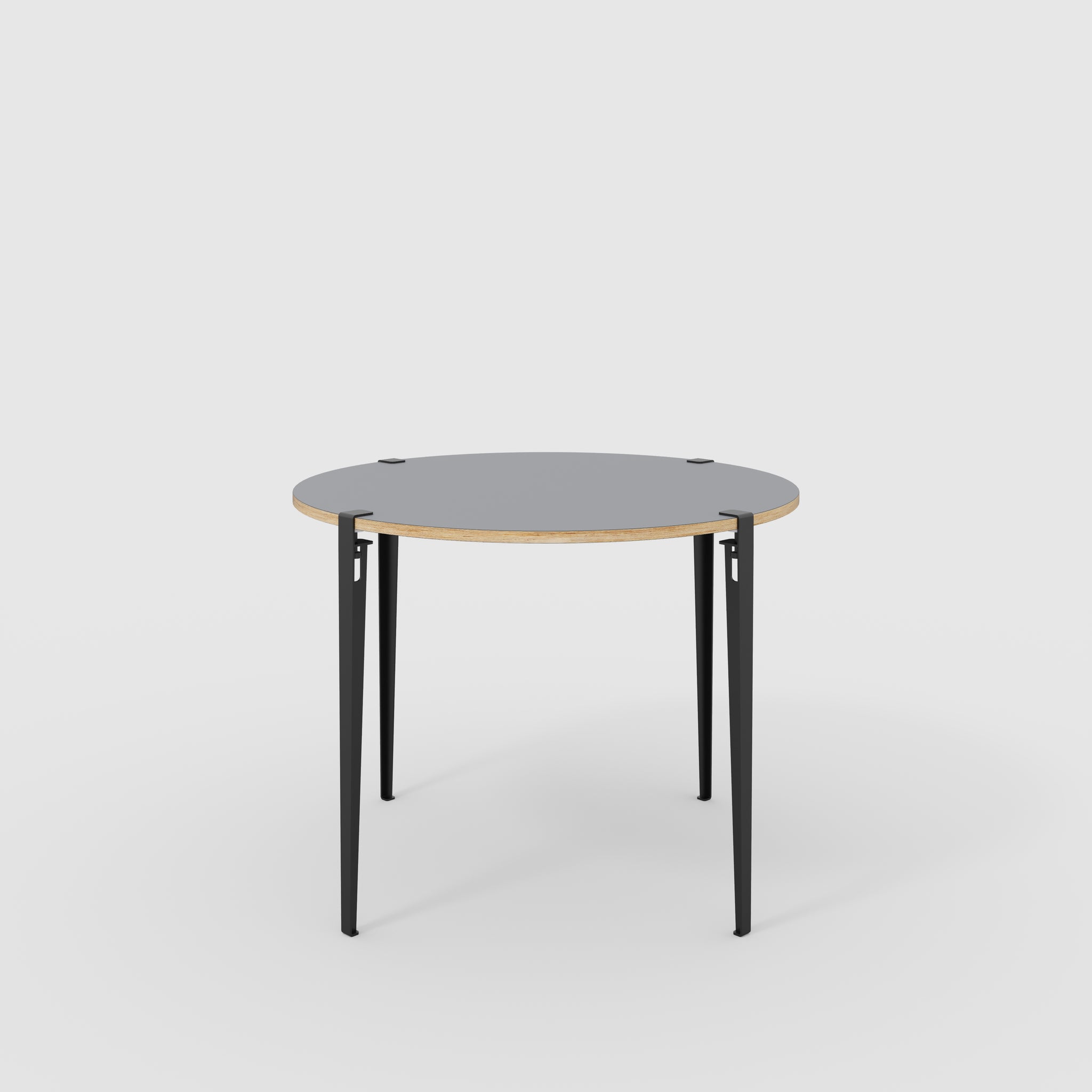 Plywood Round Table with Black Tiptoe Legs - Formica Tornado Grey - 12