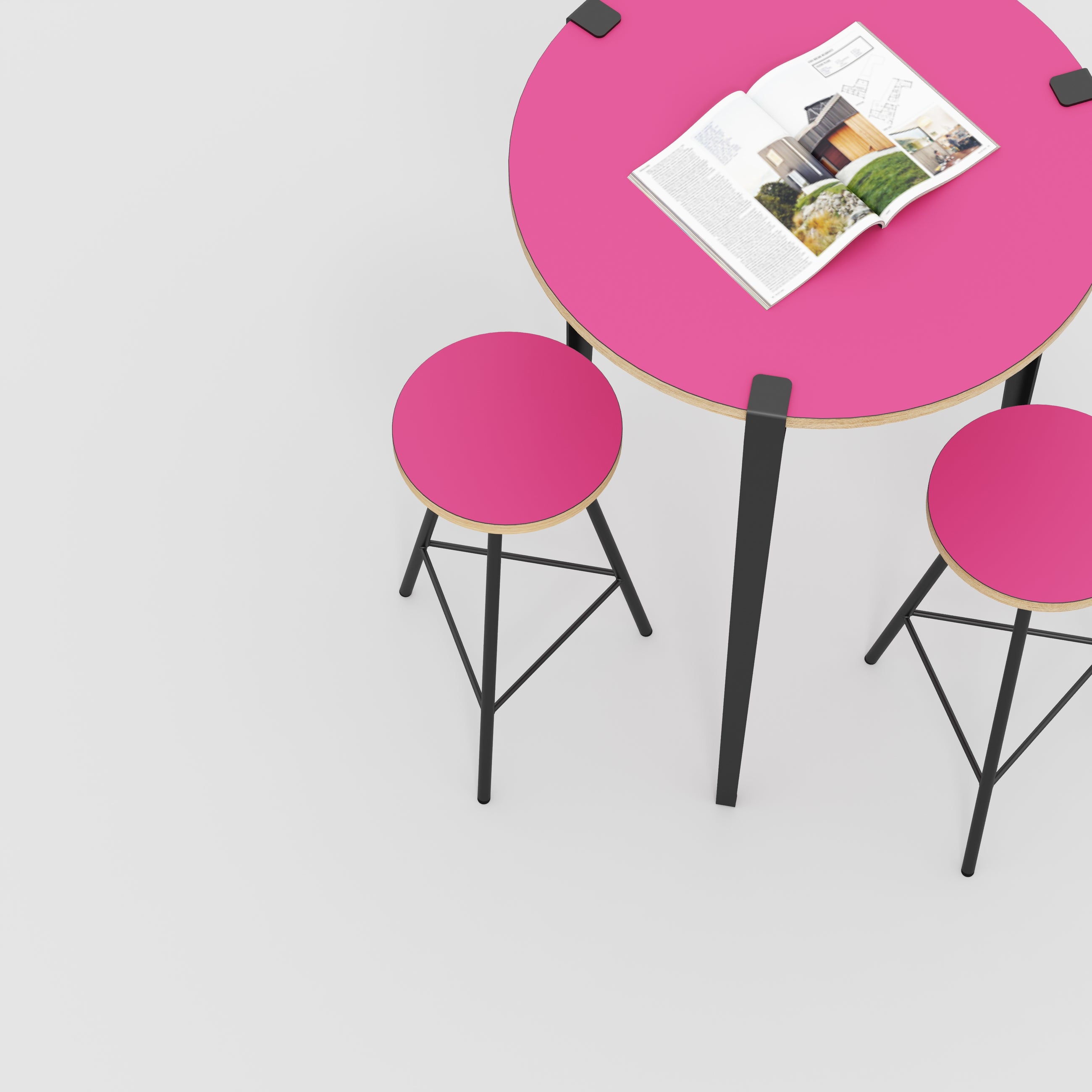Plywood Round Table with Black Tiptoe Legs - Formica Juicy Pink - 800(