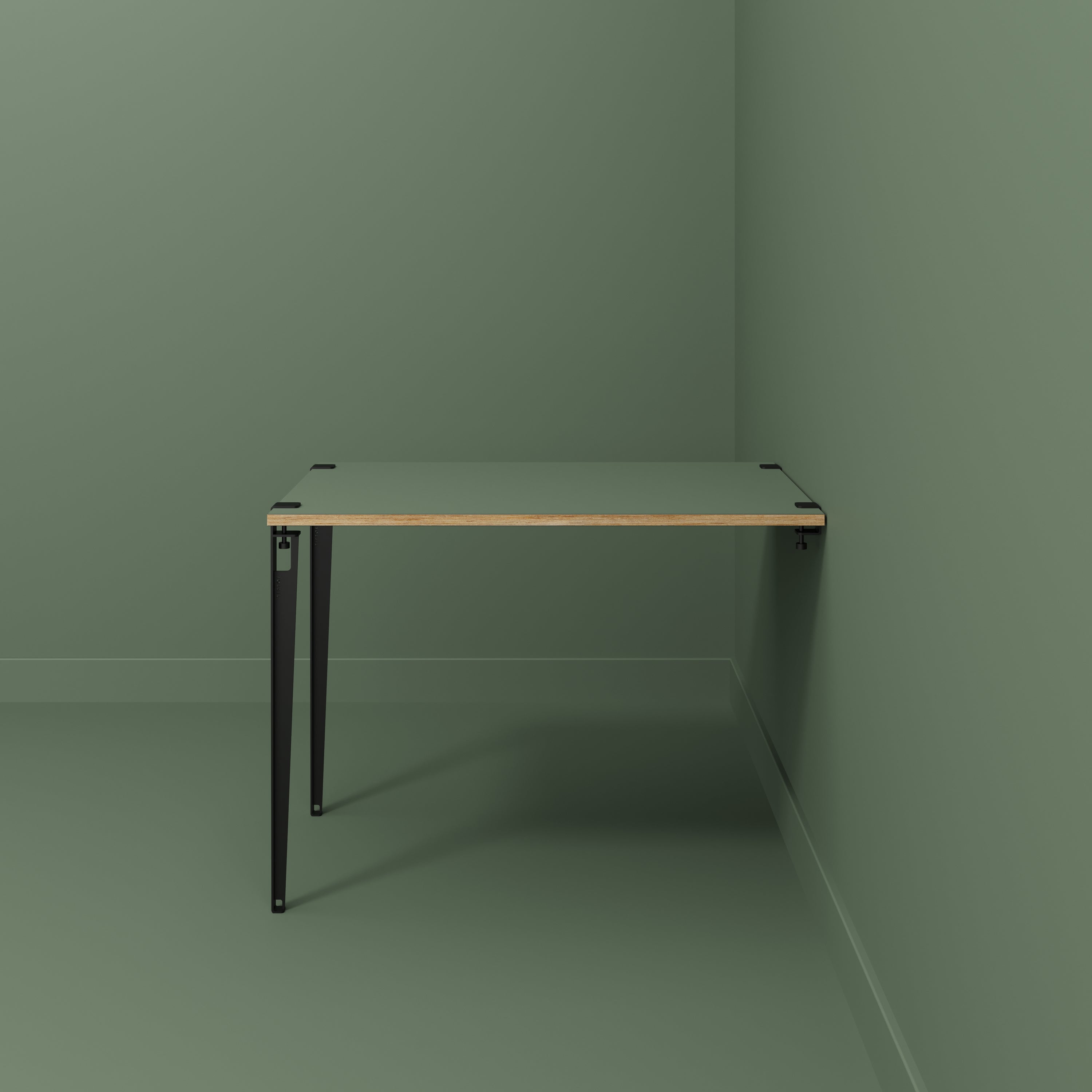 Plywood Wall Table with Black Tiptoe Legs and Brackets - Formica Green