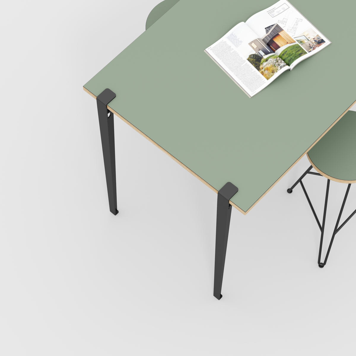 Plywood Wall Table with Black Tiptoe Legs and Brackets - Formica Green